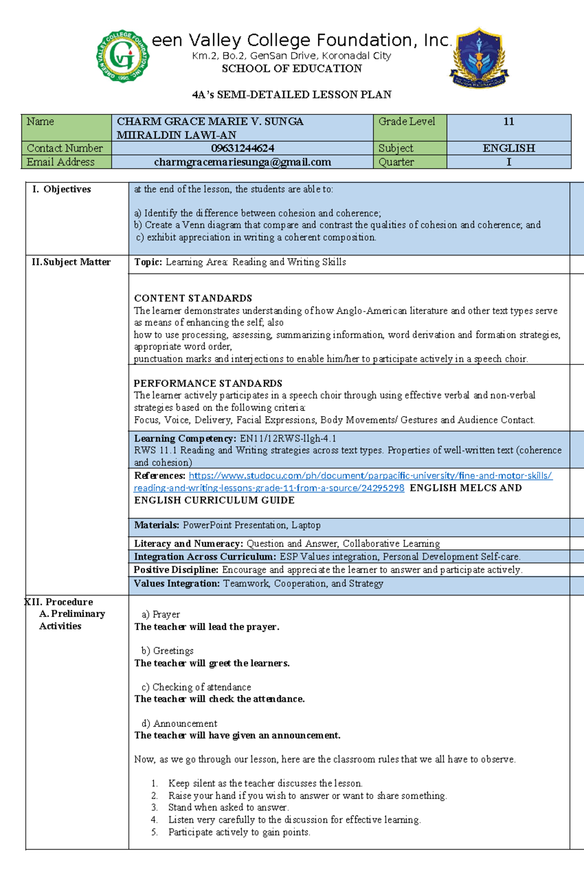 ENGLISH 11 Lesson Plan: Cohesion and Coherence in Writing - Studocu