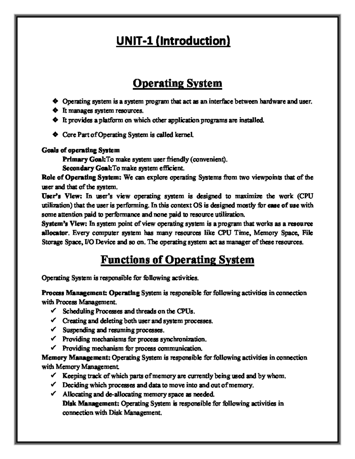 Unit-1-Introduction to Operating System - - Studocu