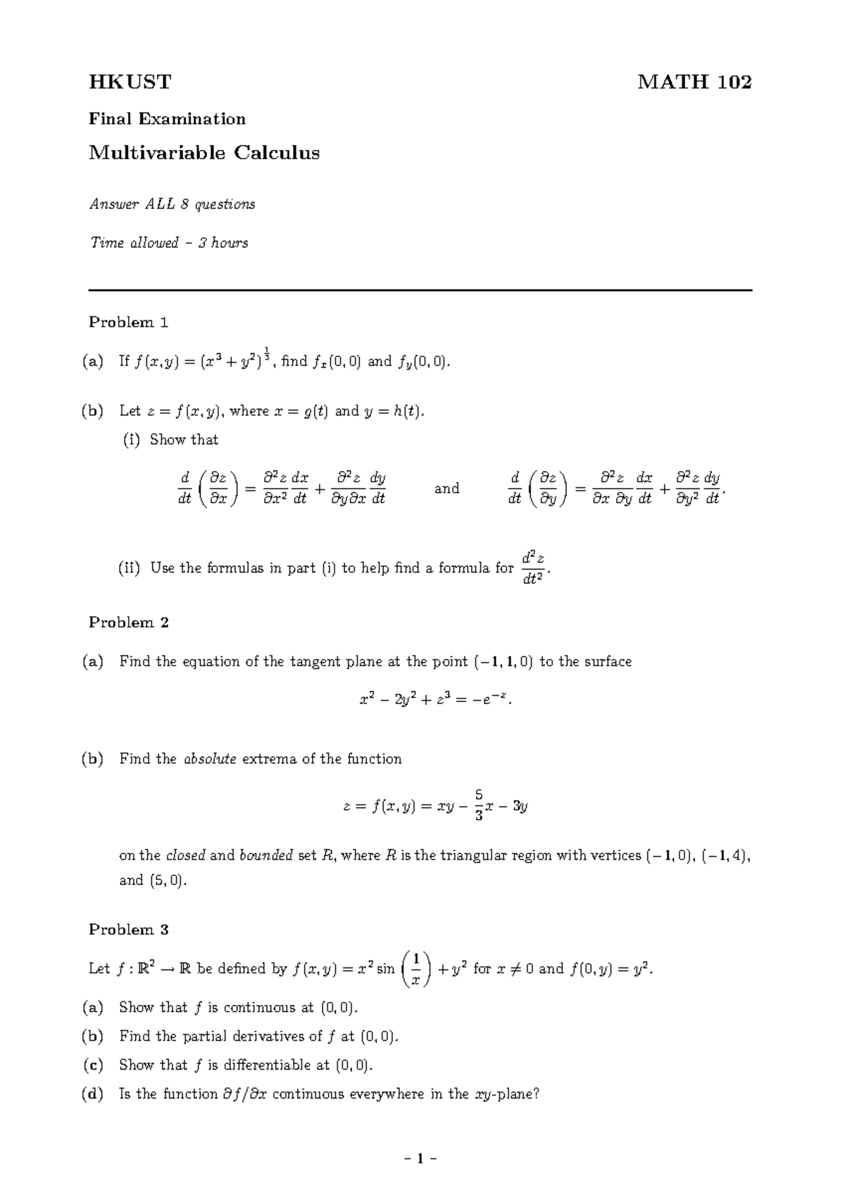 MATH2023 Final Exam Review: Multivariable Calculus Problems - Studocu