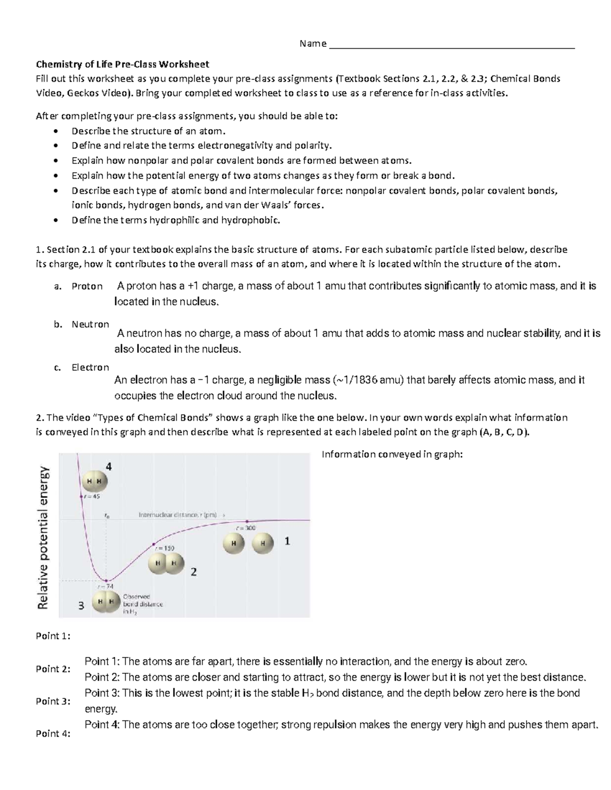 Chemistry of Life Worksheet (CHEM 101) - Atom Structure & Bonds - Studocu