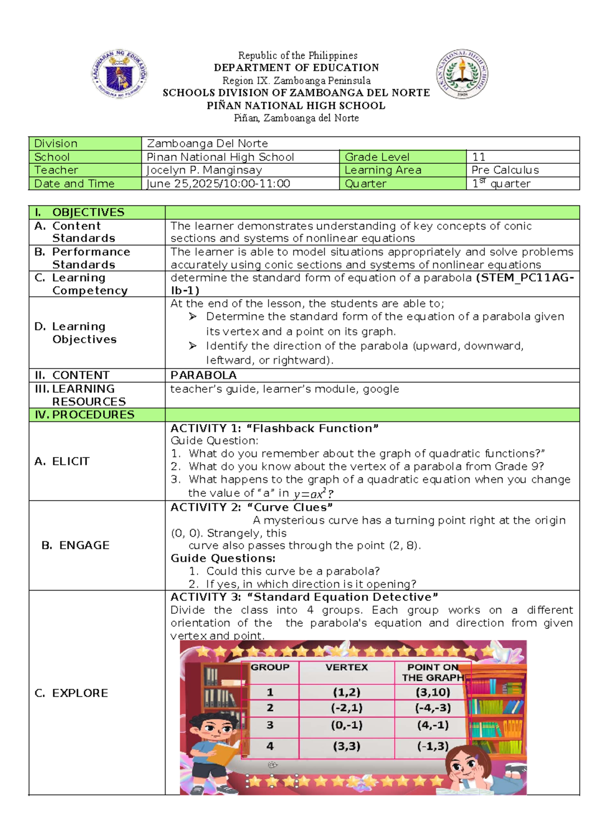PC 11 Precalculus Lesson Plan: Understanding Parabolas - Studocu