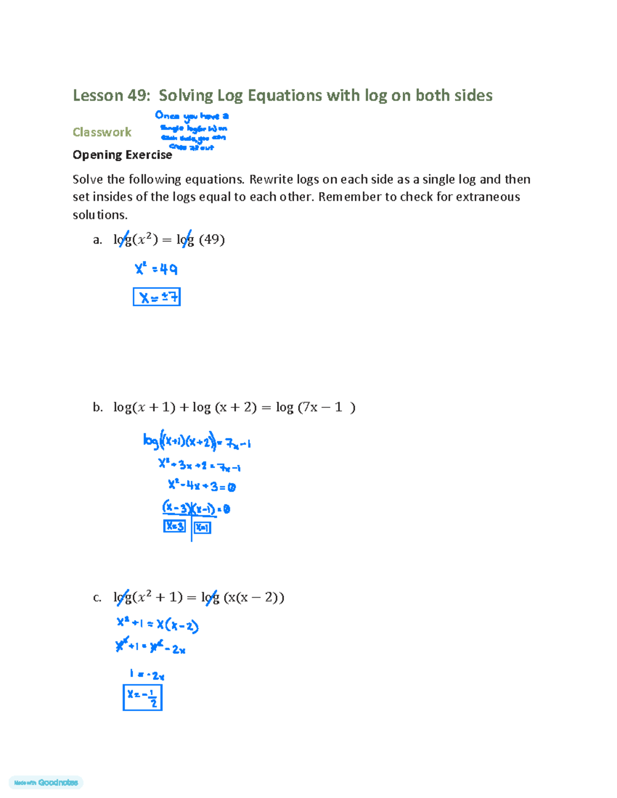 Lesson 49: Solving Logarithmic Equations with Class Exercises - Lesson ...