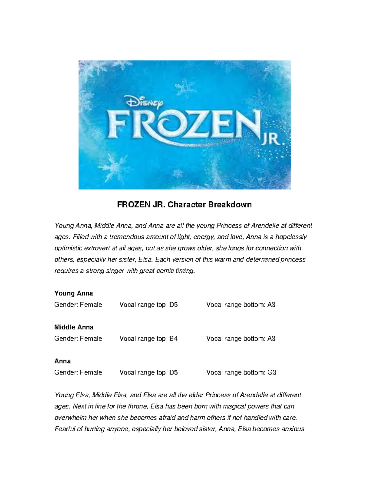FROZEN JR. Character Breakdown: Roles & Vocal Ranges Explained - Studocu