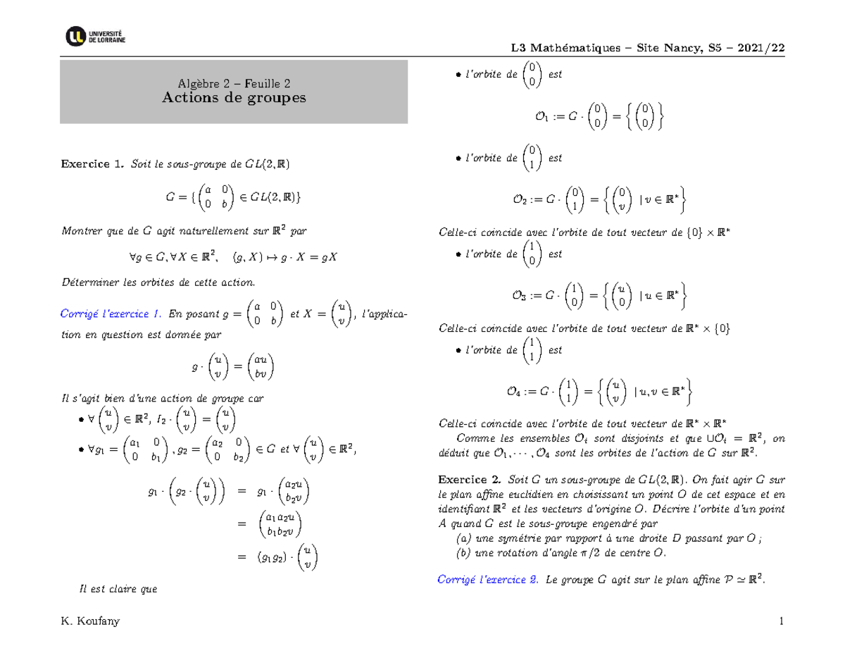 02 exo-action-gpes-corrige - Alg`ebre 2 – Feuille 2 Actions de groupes Exercice 1. Soit le - Studocu