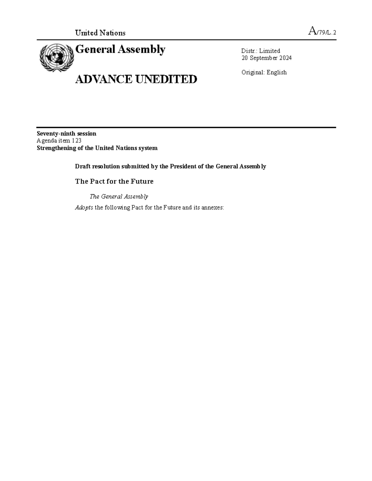 The Pact for the Future: UN General Assembly Draft Resolution 2024 ...