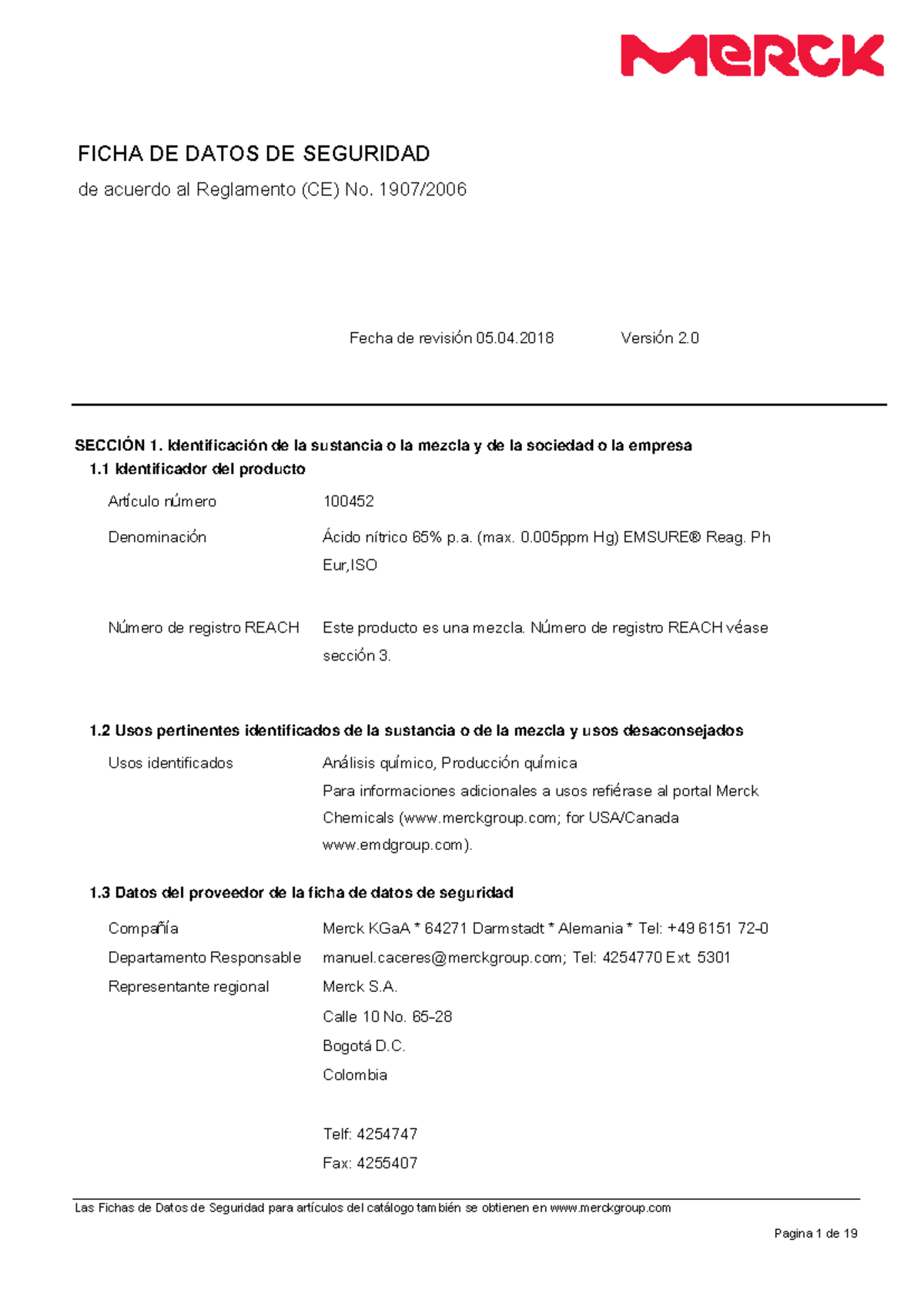 Acido Nitrico - wxwxw - de acuerdo al Reglamento (CE) No. 1907/ Fecha ...
