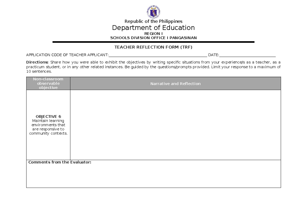 Teacher Reflection Form (TRF) for Practicum Students in Region I - Studocu