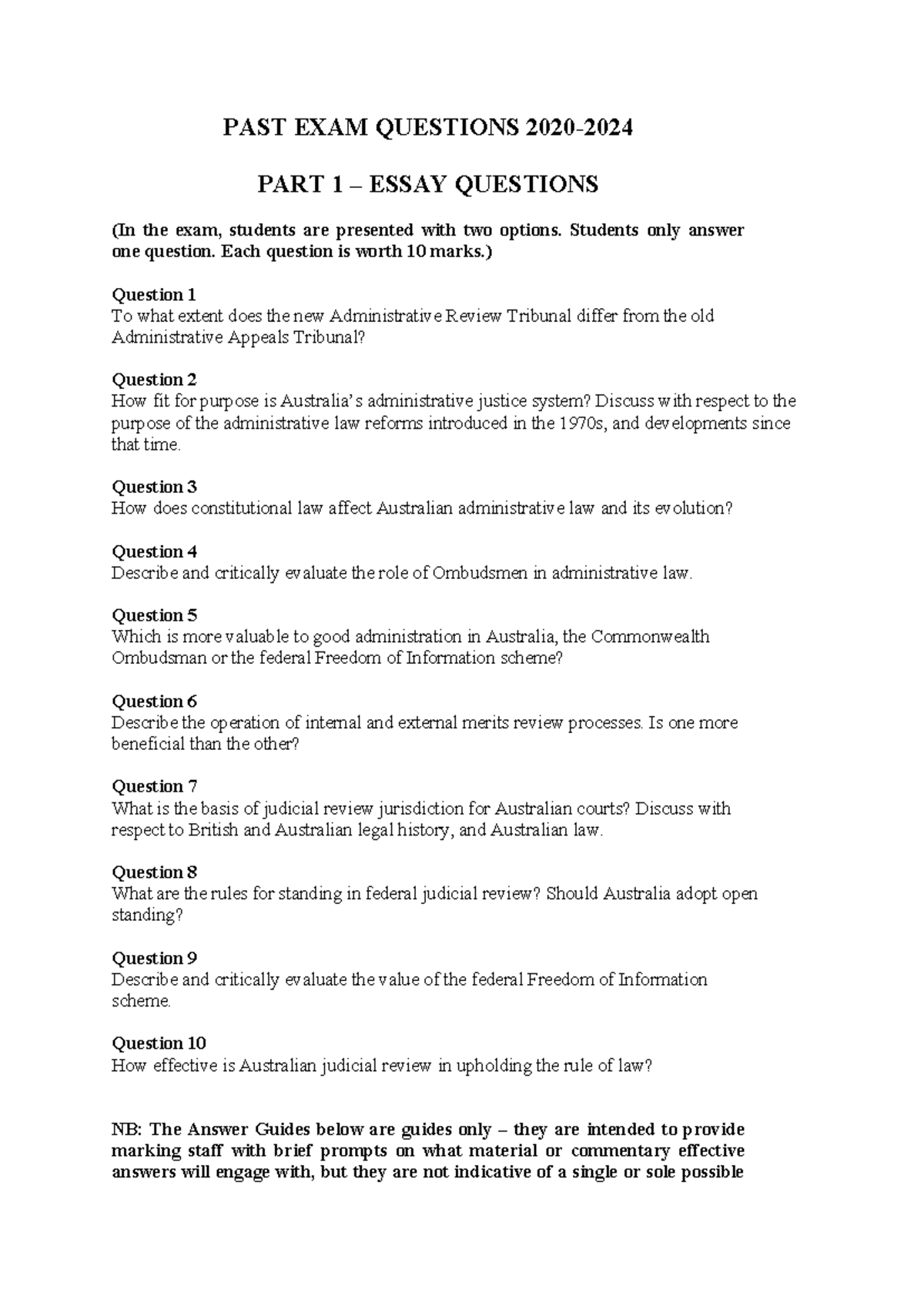 Past Exam Questions 2020-2024: Part 1 Essay Questions Overview - Studocu
