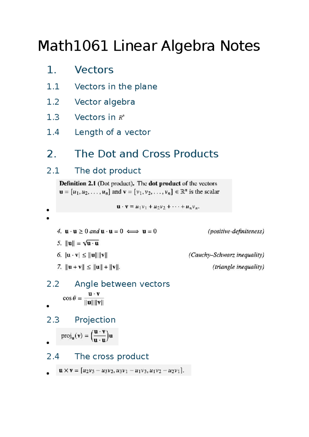 Math1061 Linear Algebra: Comprehensive Notes on Vectors & Matrices ...