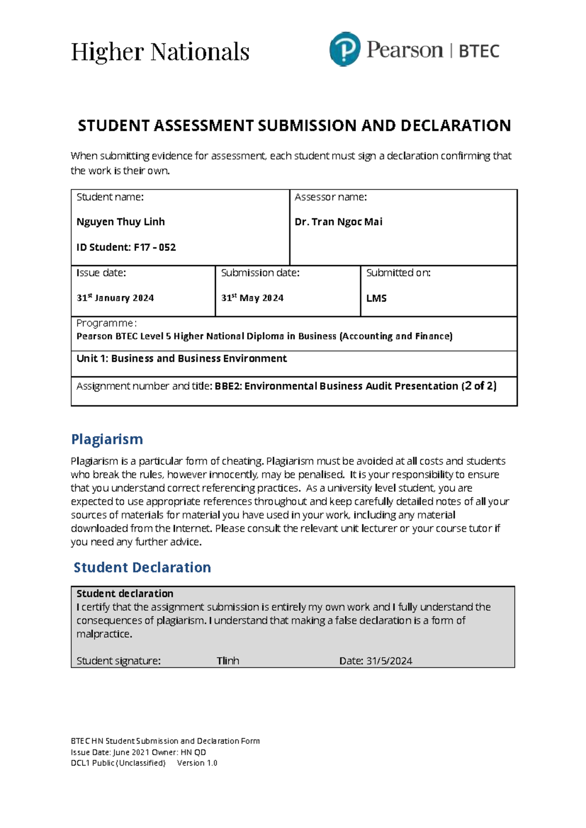 BTEC HN Level 5 Assignment Submission & Declaration Form - Studocu