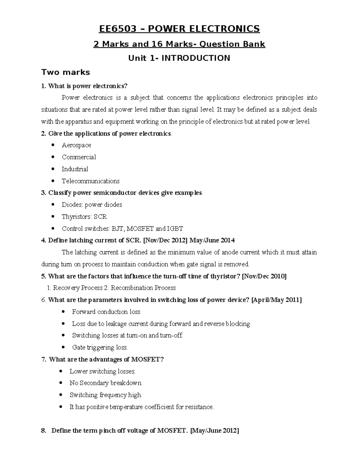 EE6503 Power Electronics: 2 Marks & 16 Question Bank - Studocu