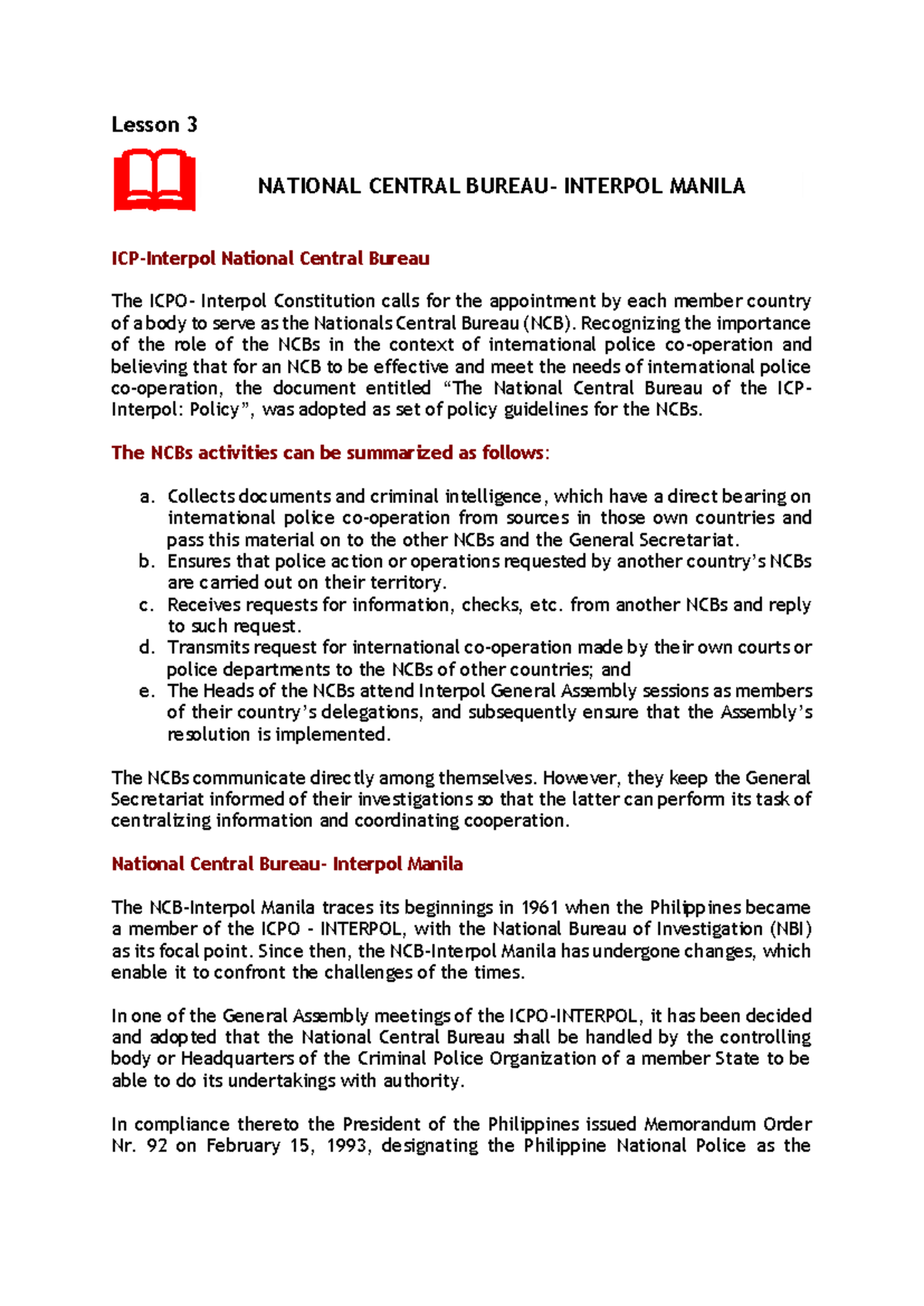 National Central Bureau - Interpol Manila (Lecture Notes) - Studocu