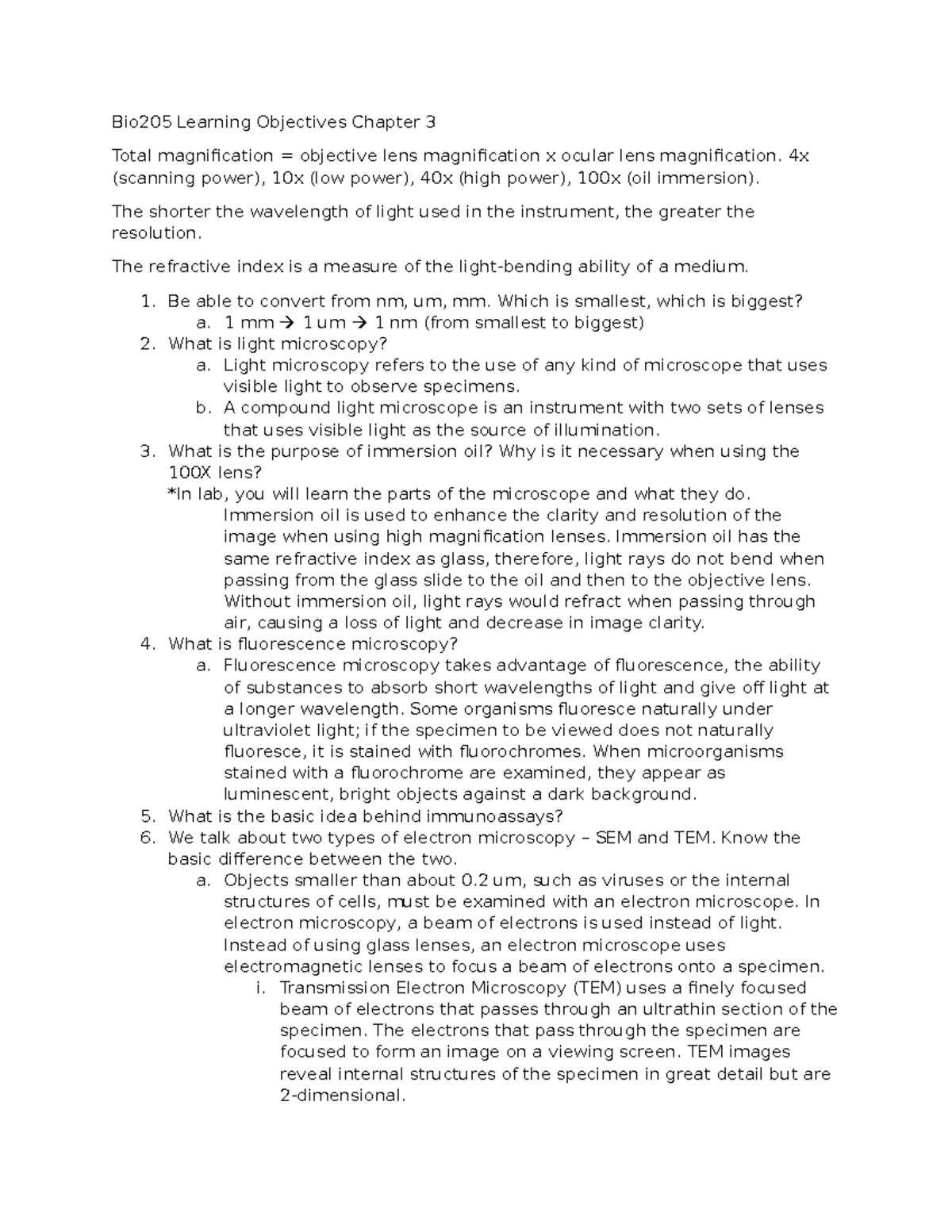 Bio205 Chapter 3: Staining Techniques and Microscopy Methods - Bio205 Learning Objectives ...
