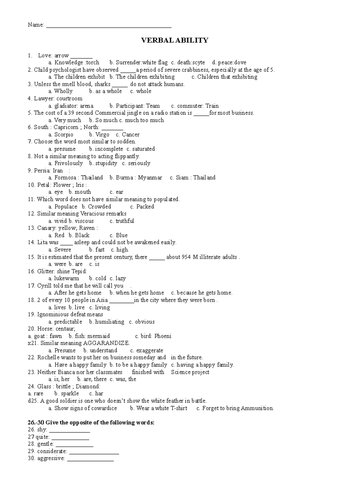 NCAE English 2: Verbal Ability Practice Questions and Answers - Studocu