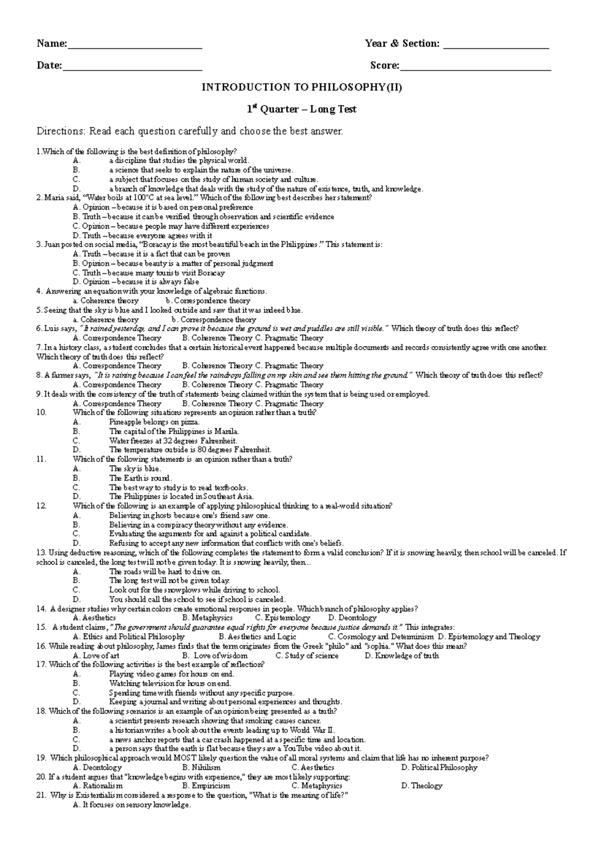 Philosophy 1st Quarter Long Test (II) - Comprehensive Review - Studocu