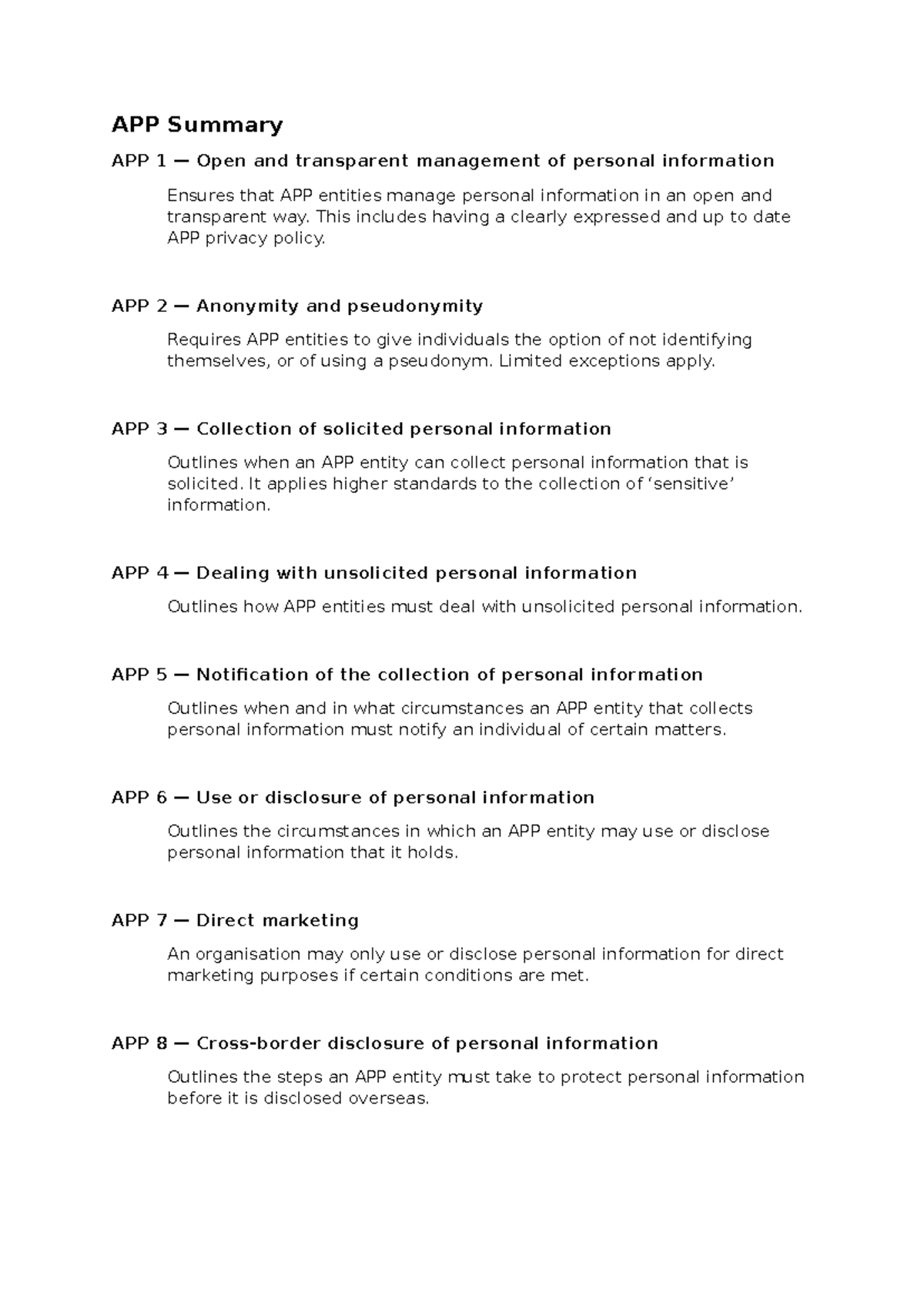 APP Summary: Key Principles of Personal Information Management - Studocu