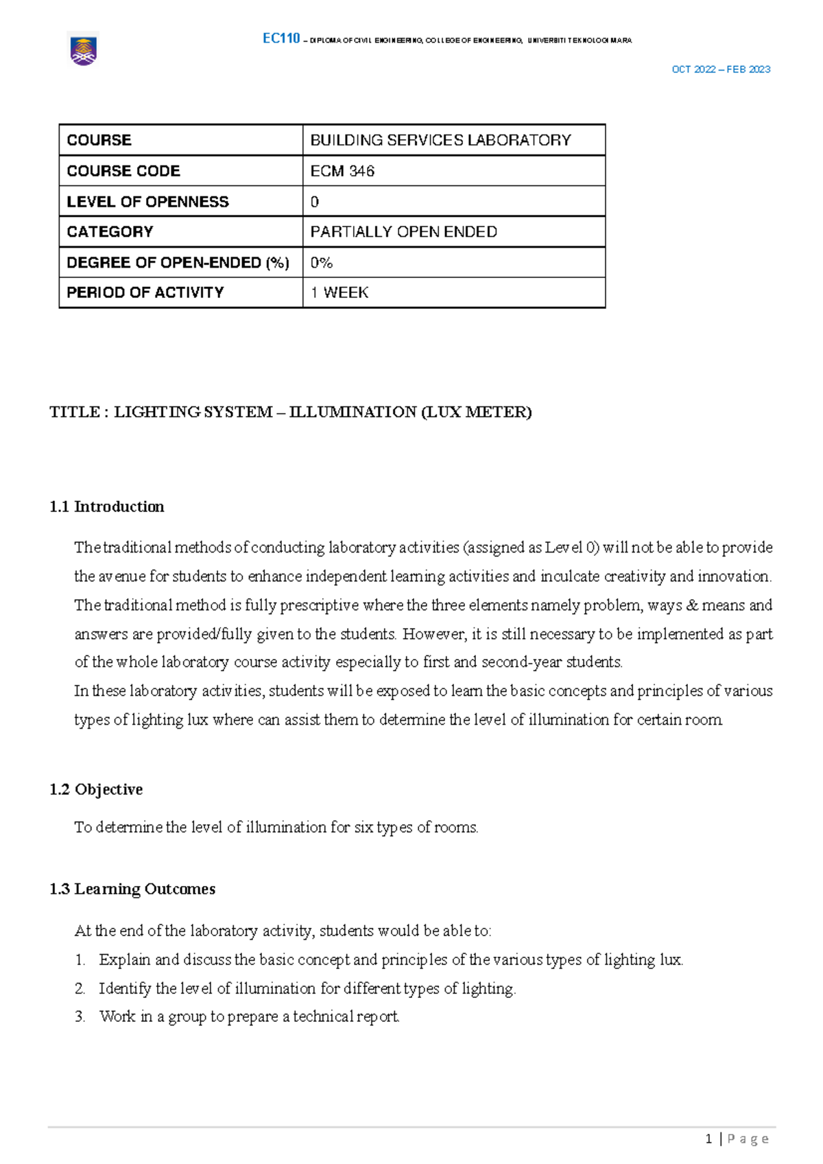 ECM 346 LAB Report: Lighting System – Illumination Using Lux Meter ...