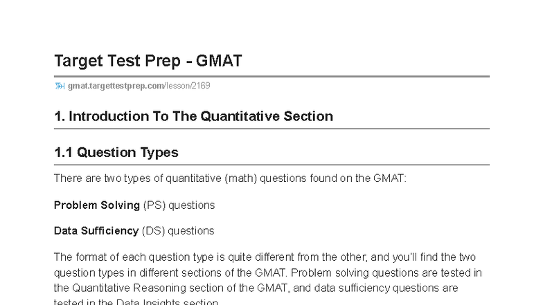 Target Test Prep GMAT: Intro to Quant Section & Question Types - Studocu