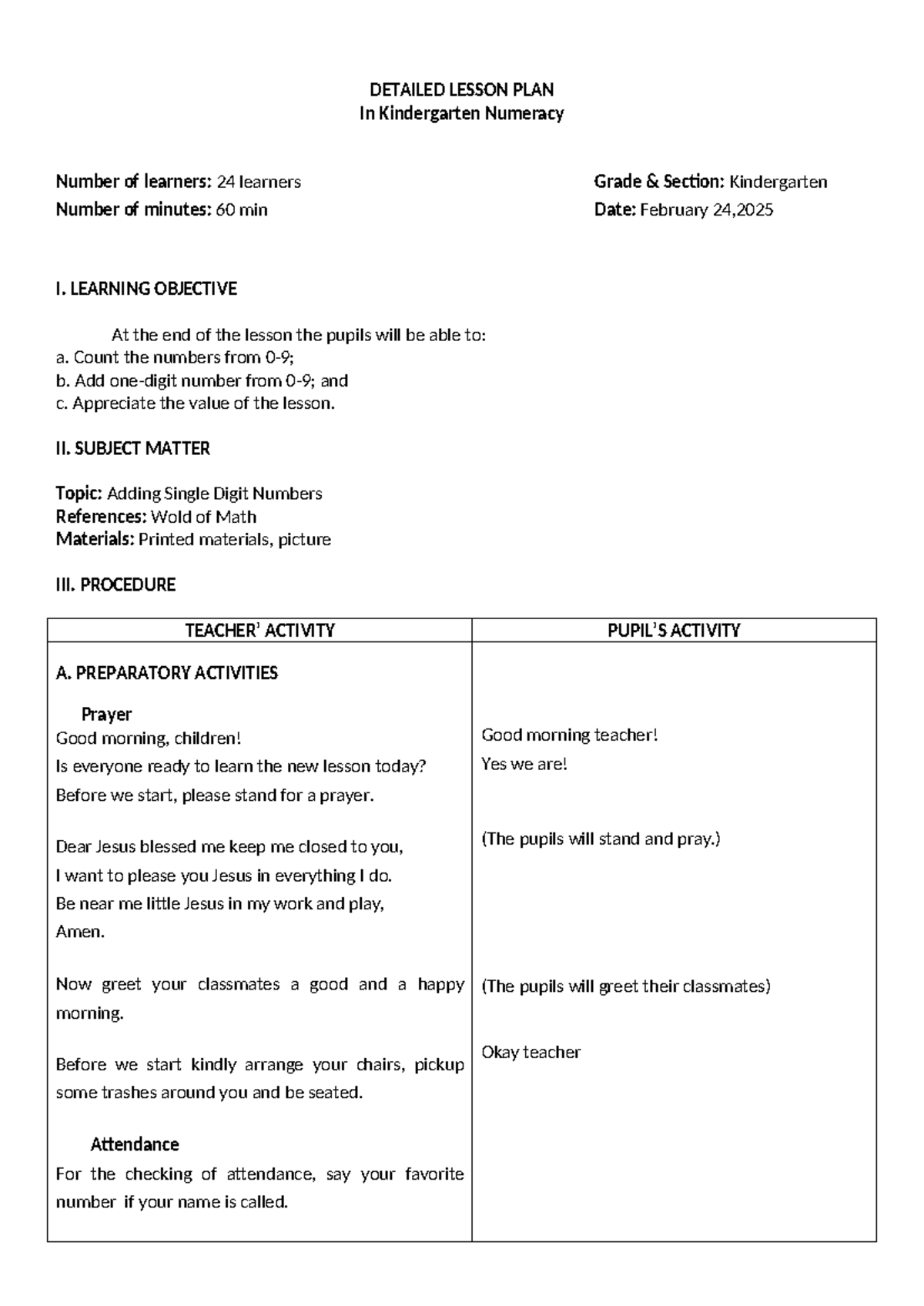 DLP Addition Kinder - Integrating Single Digit Math Lessons - Studocu