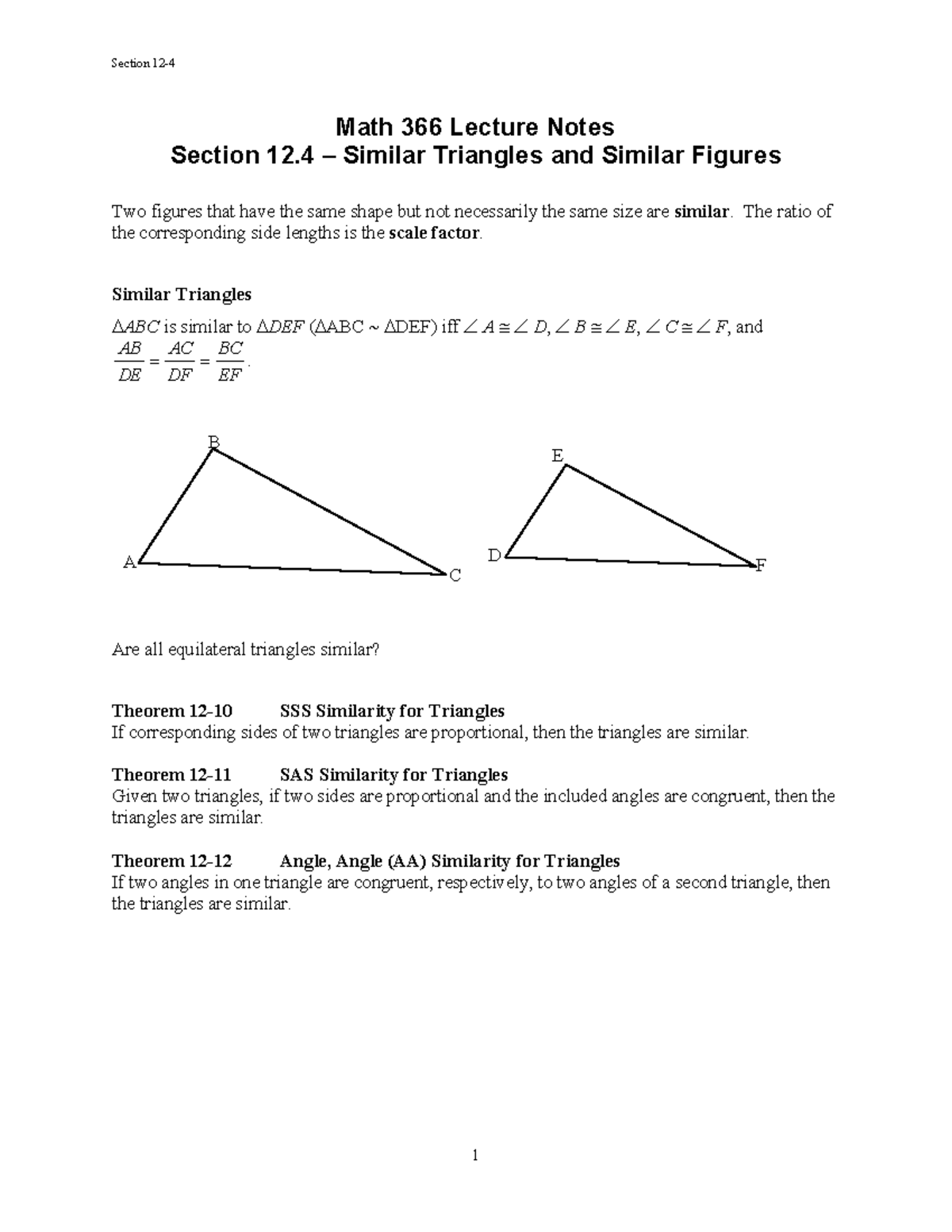 Similar figures - Math 366 Lecture Notes Section 12 – Similar Triangles ...