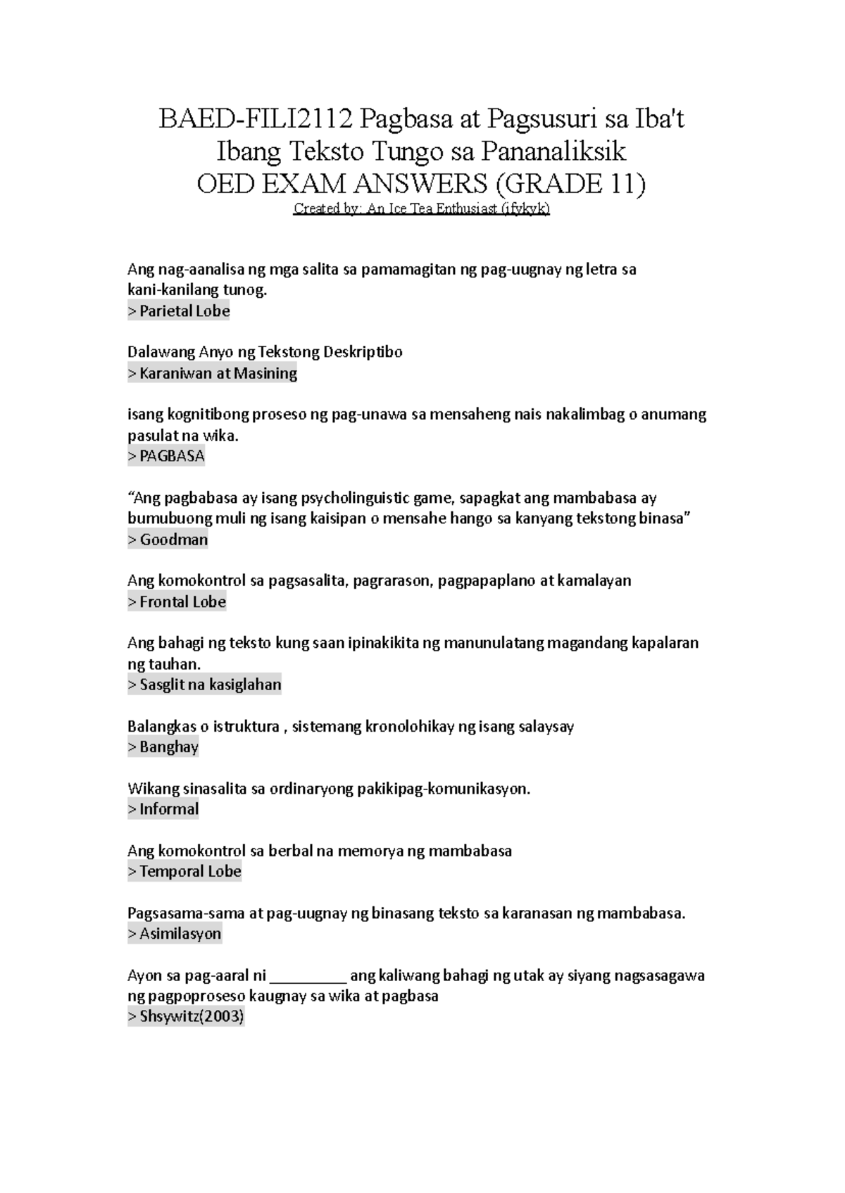 Pagbasa OED Exam Answers BAED-FILI2112 (Grade 11) - Studocu