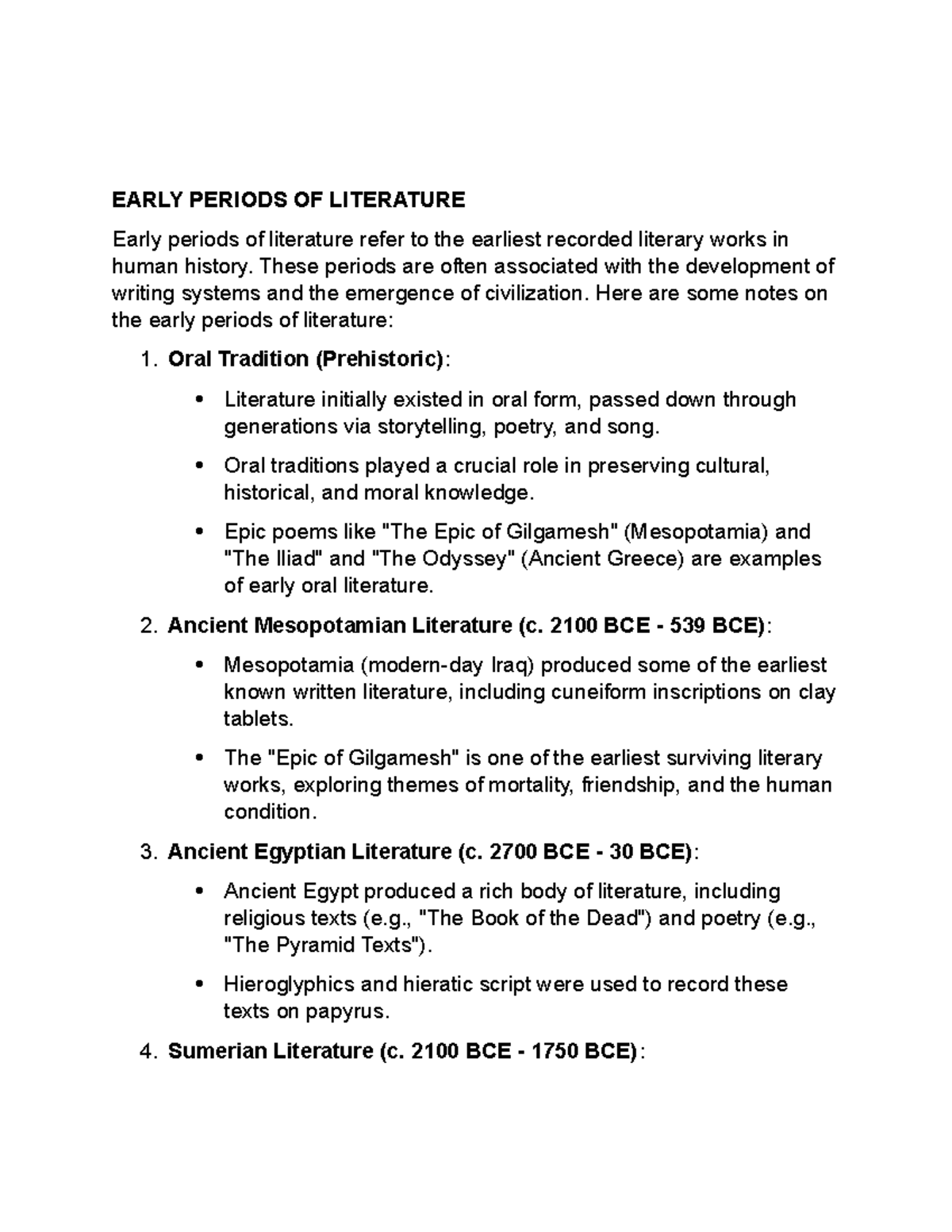 Early Periods of Literature: An Overview of Ancient Eras - Studocu