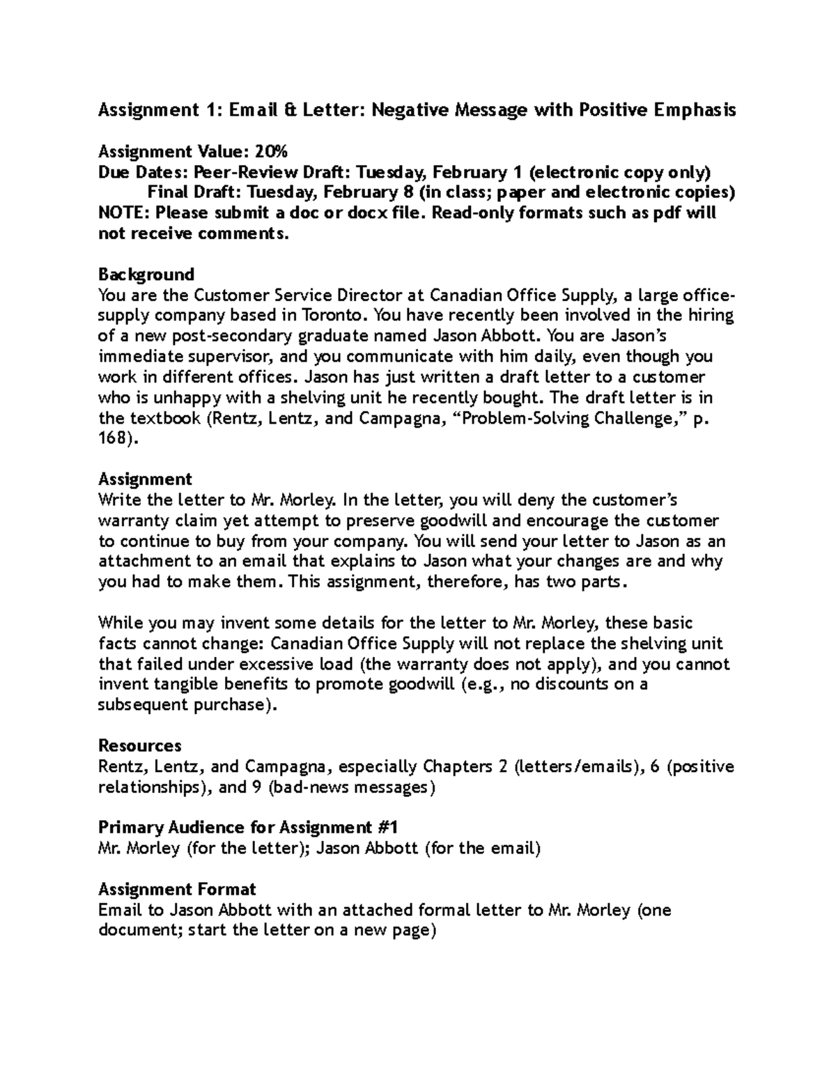 WR 2111 Assignment 1: Draft Email & Letter for Negative Message - Studocu