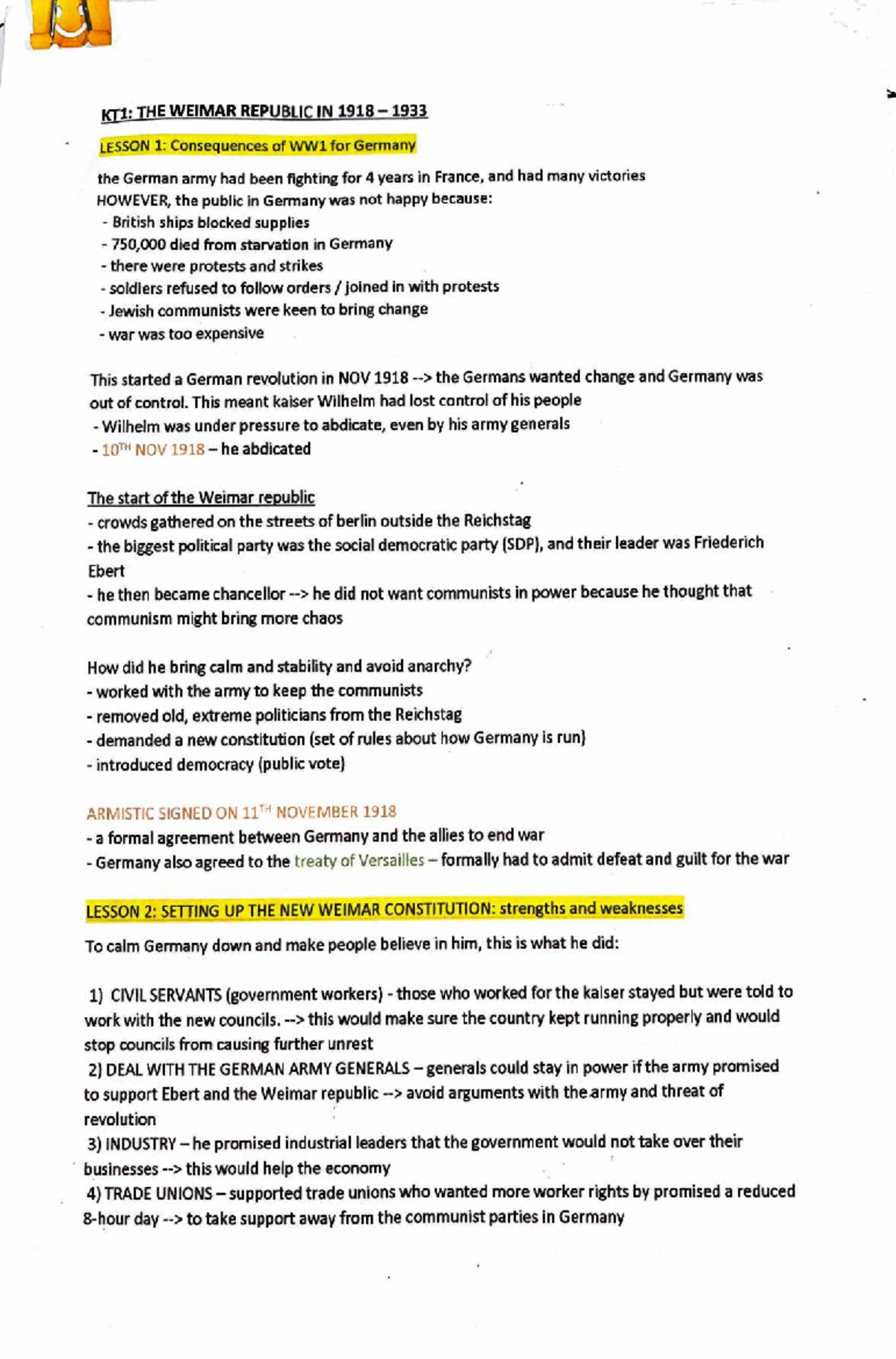 KT1: WEIMAR REPUBLIC 1918-1933 LESSONS ON POST-WW1 GERMANY - Studocu