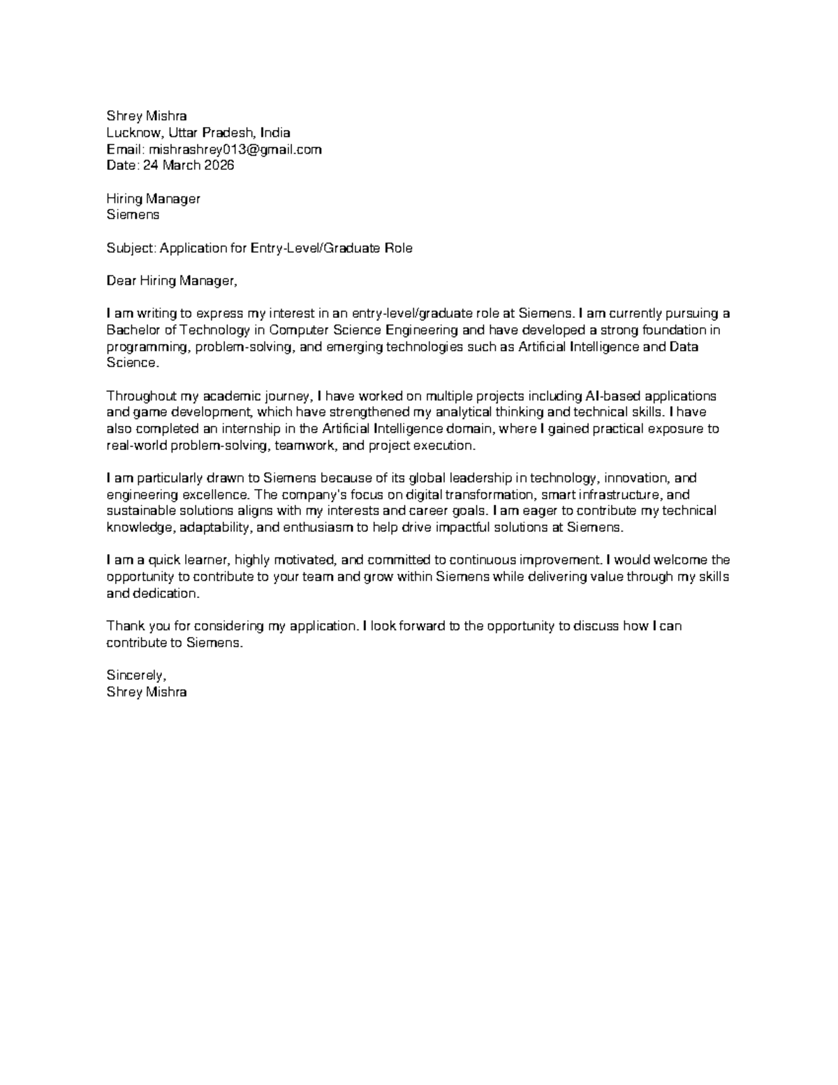 Siemens Cover Letter - Application for Tech Role - Studocu