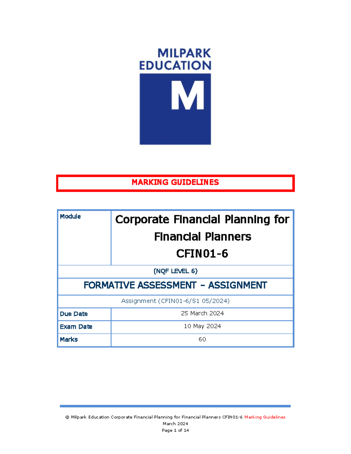 CFIN01 - Corporate Financial Planning Marking Guidelines (March 2024 ...