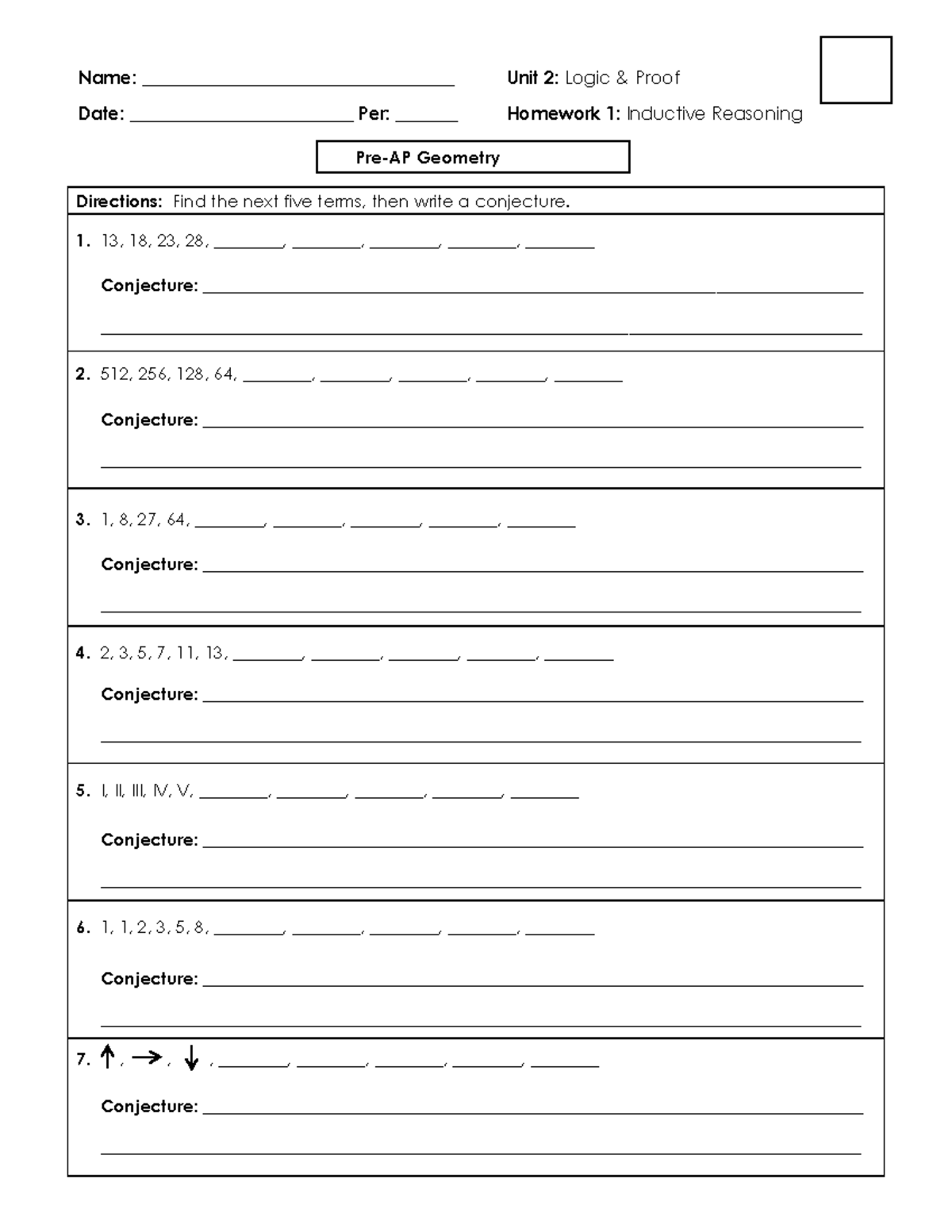 Unit 2: Logic Proof - Homework 1: Inductive Reasoning Worksheet - Studocu