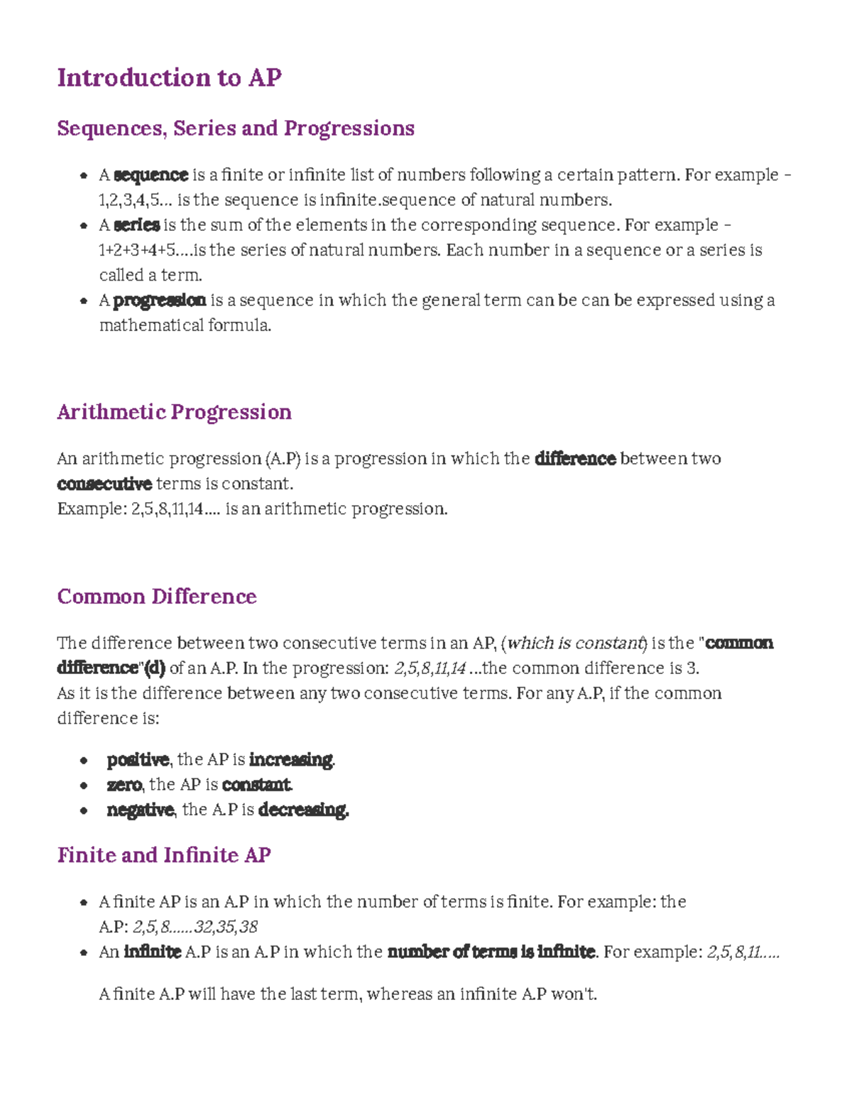 Introduction to AP Sequences, Series & Progressions (Math 101) - Studocu