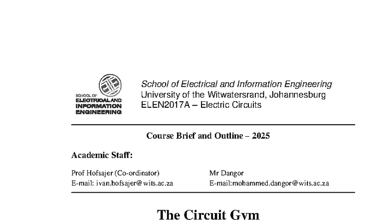 ELEN2017A Electric Circuits Course Brief & Outline 2025 - Studocu
