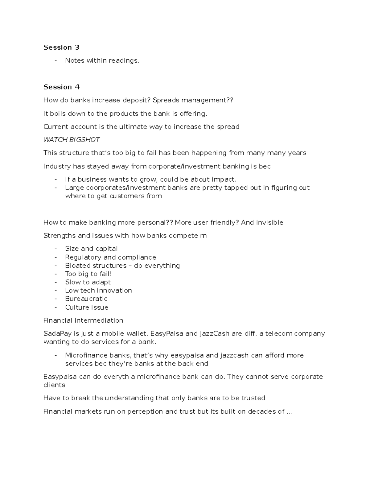 Class Notes: Banking Innovations and Financial Services (Sessions 3-20 ...