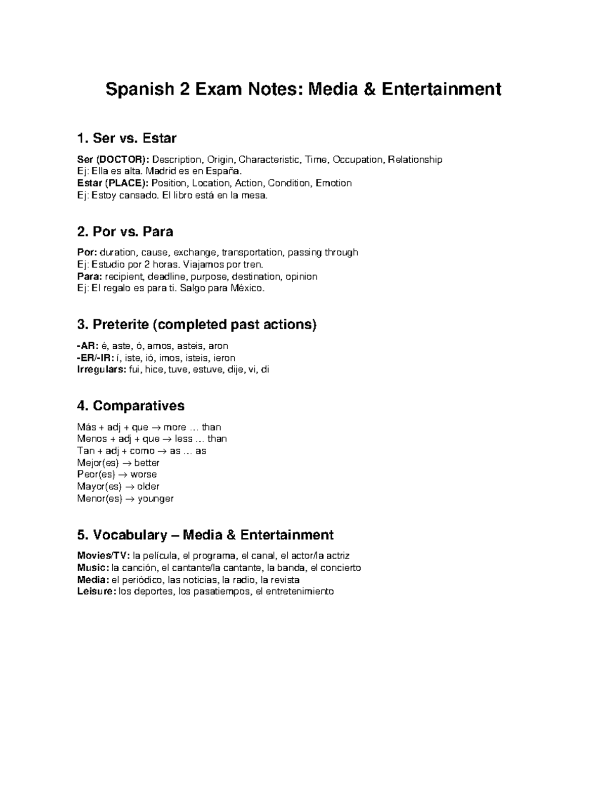 Spanish 2 Final Exam Notes: Ser vs. Estar, Por vs. Para, Preterite ...