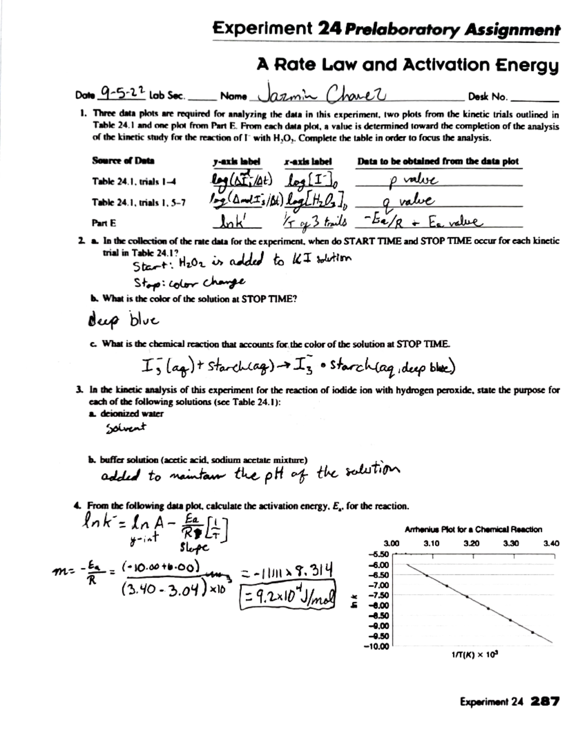 Pre Lab 24 - Prelab - ####### Experiment 24 Prelaboratory Assignment A Rate Law and Activation ...