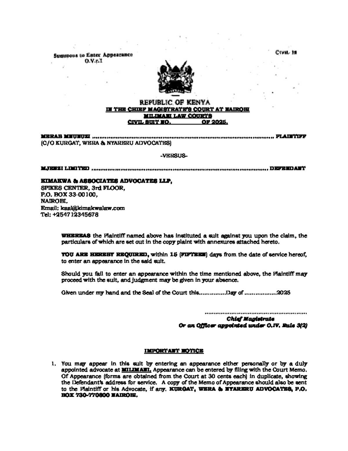 Civil Suit No. 2025: Sample Summons to Enter Appearance in Nairobi ...