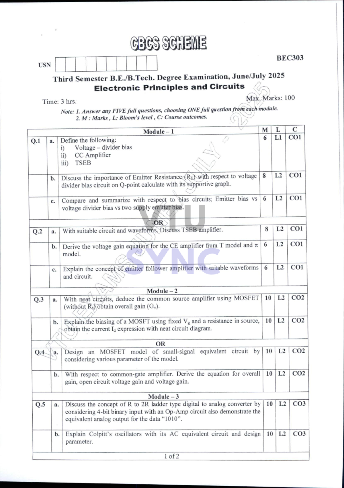 Model Question Paper for BEC303: Electronic Principles and Circuits ...