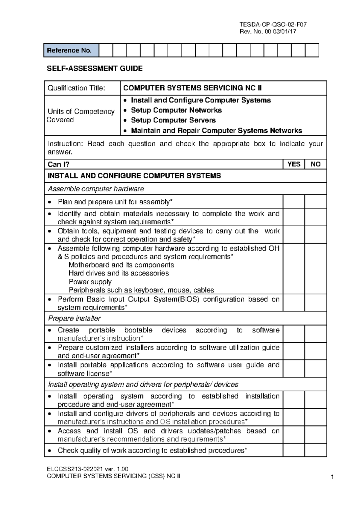 Self Assessment Guide for COMPUTER SYSTEMS SERVICING NC II - Studocu