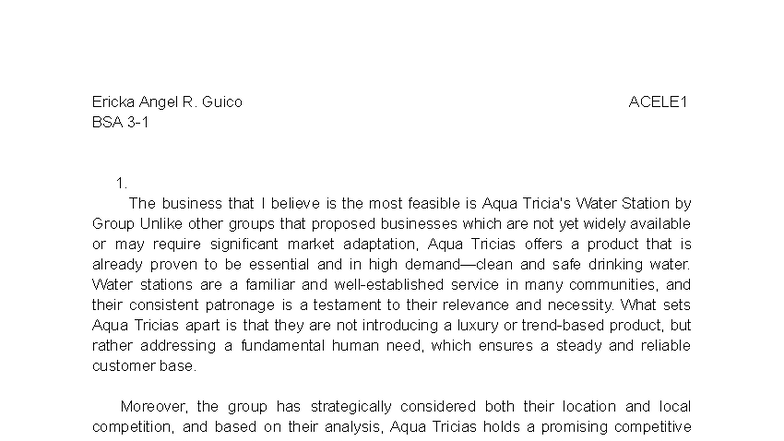 Acele1 BSA Business Proposal Analysis: Aqua Water Station & TBA Dawn ...