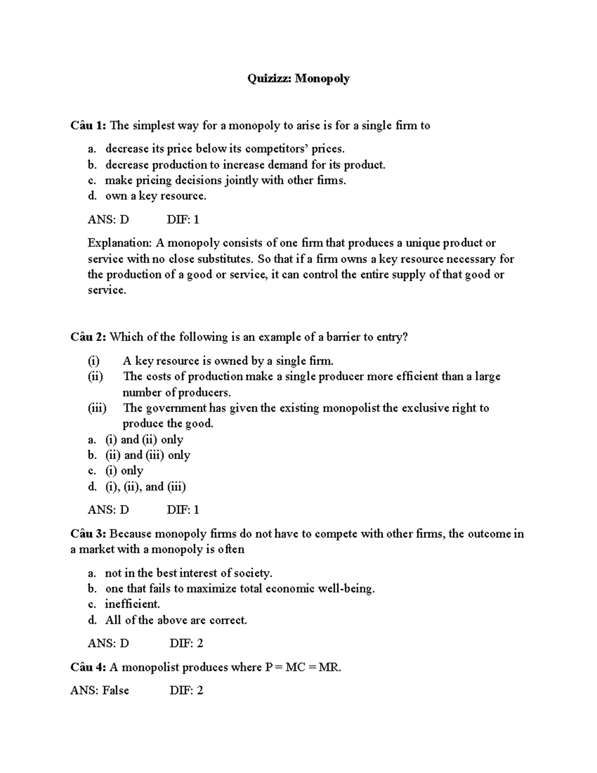 Quizizz: Monopoly Quiz - Microeconomics Insights - Studocu