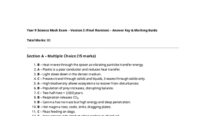Year 9 Science Mock Exam V3 (Final Revision) Answer Key - Studocu