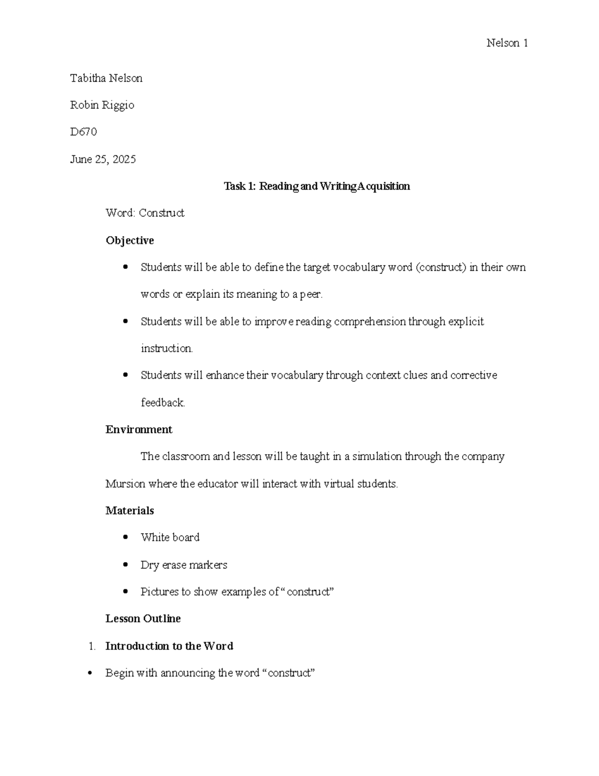 D670 Lesson Plan Task 1: Reading & Writing Acquisition - Studocu