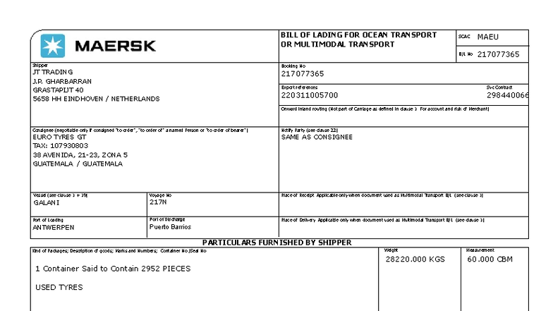 BILL OF LADING FOR OCEAN & MULTIMODAL TRANSPORT - JT TRADING - Studocu