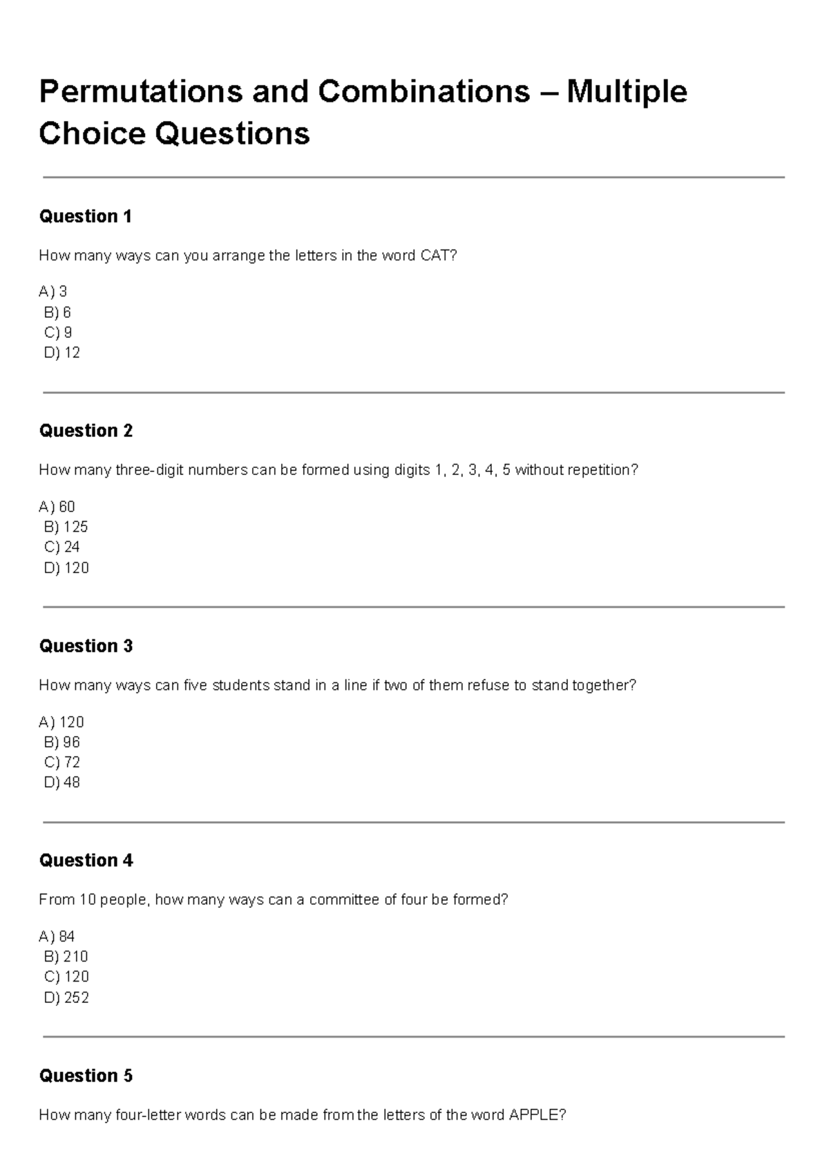 Permutations and Combinations MCQs for Exam Preparation - Studocu