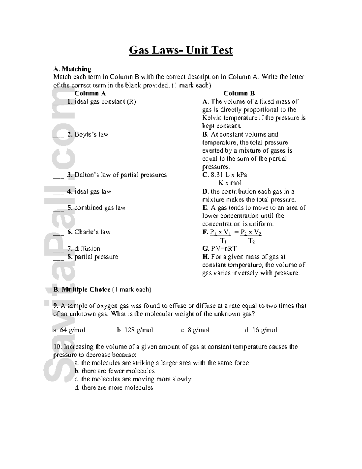 Gas Laws Unit Test - Gas Laws Unit test unit 5 - - Studocu