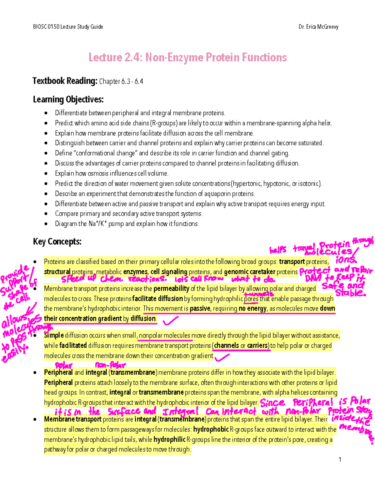 BIOSC 0150 Lecture Study Guide: Membrane Protein Functions and ...