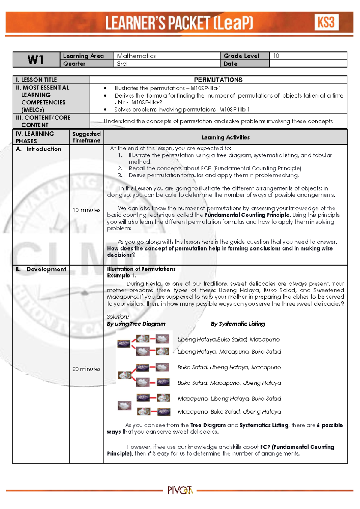 Grade 10 Math Lesson on Permutations - LeaP Quarter 3 - Studocu