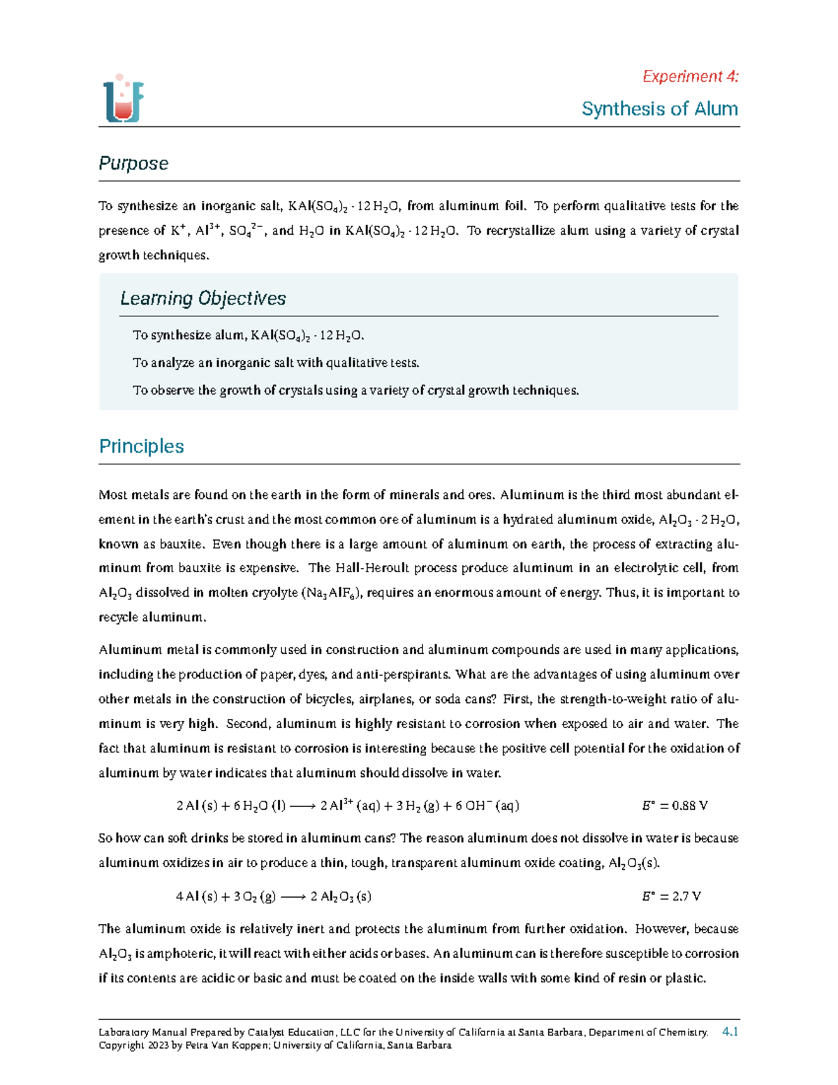 Synthesis of Alum (KAl(SO4)2·12H2O) - Experiment 4 Report Sheet - Studocu
