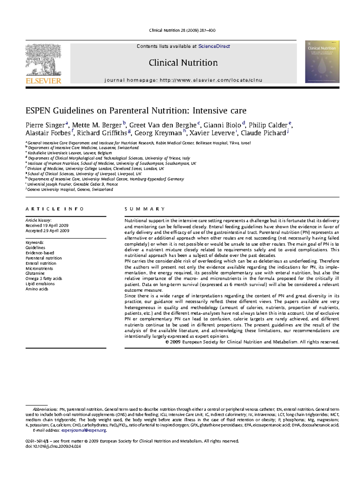 ESPEN Guidelines on Parenteral Nutrition in ICU Patients (Clinical ...